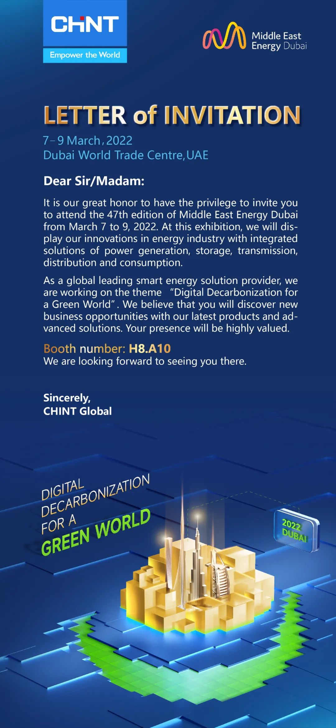 Letter of Invitation to Middle East Energy Dubai (March 7-9)